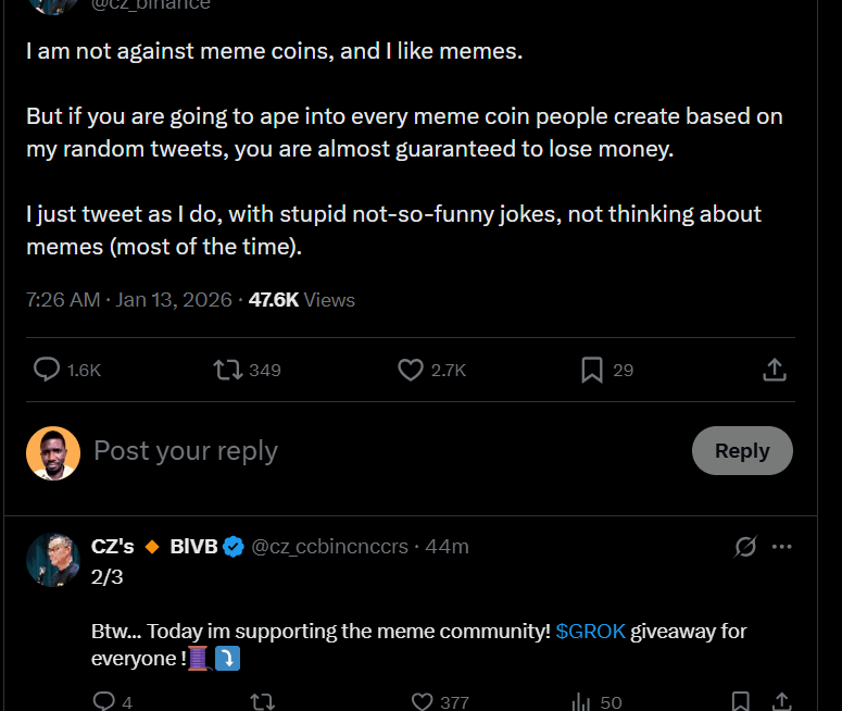 CZ Issues Stark Warning: Stop Buying memecoins from My X Posts